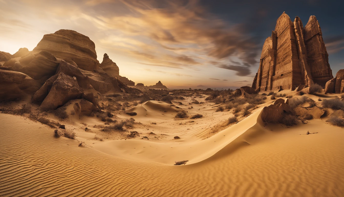 A desert scene with rocks and sand dunes at sunset - SeaArt AI