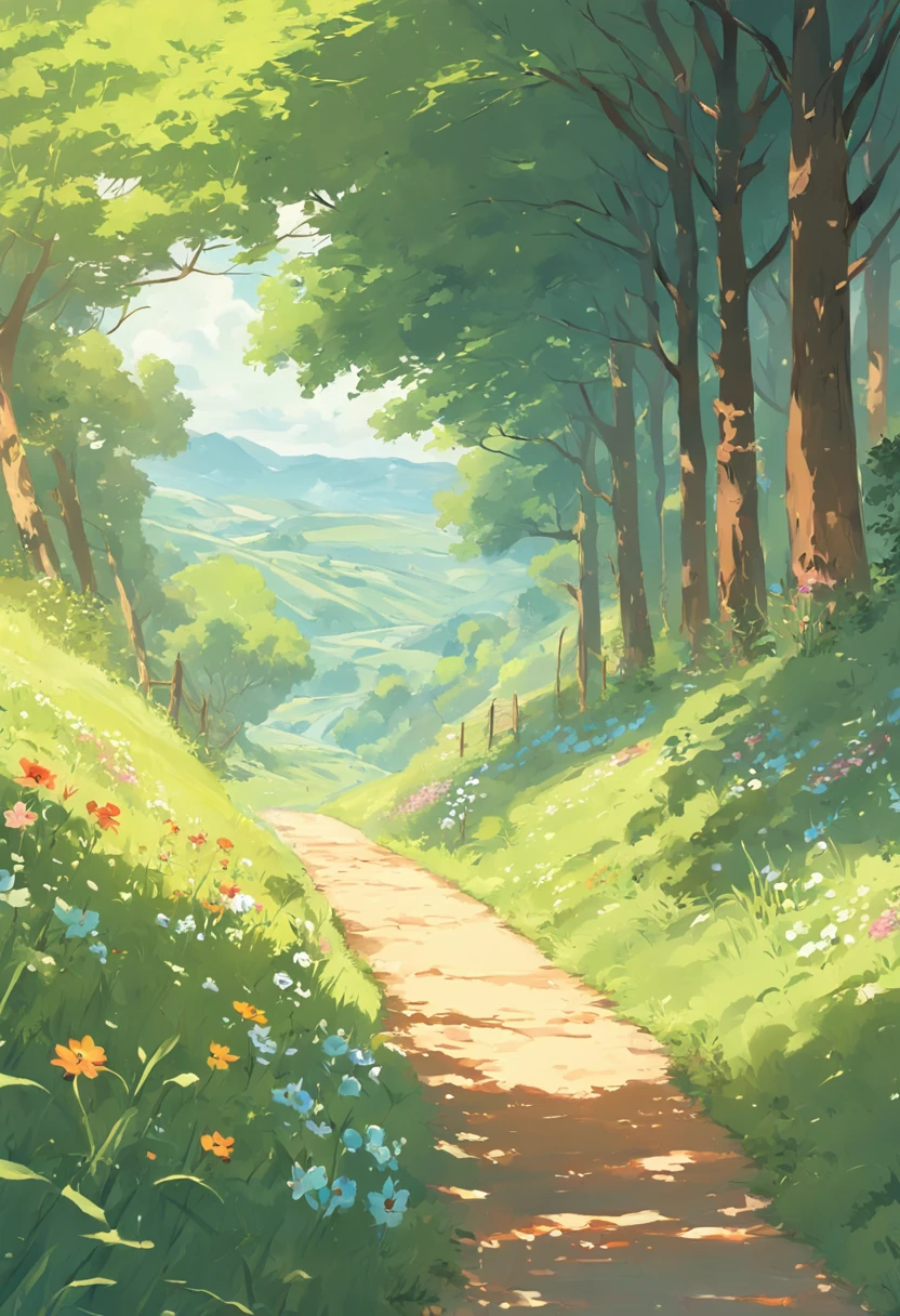A painting of a path through a forest with flowers and trees - SeaArt AI