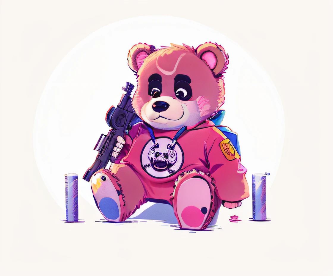 There is a teddy bear with a gun and a backpack - SeaArt AI