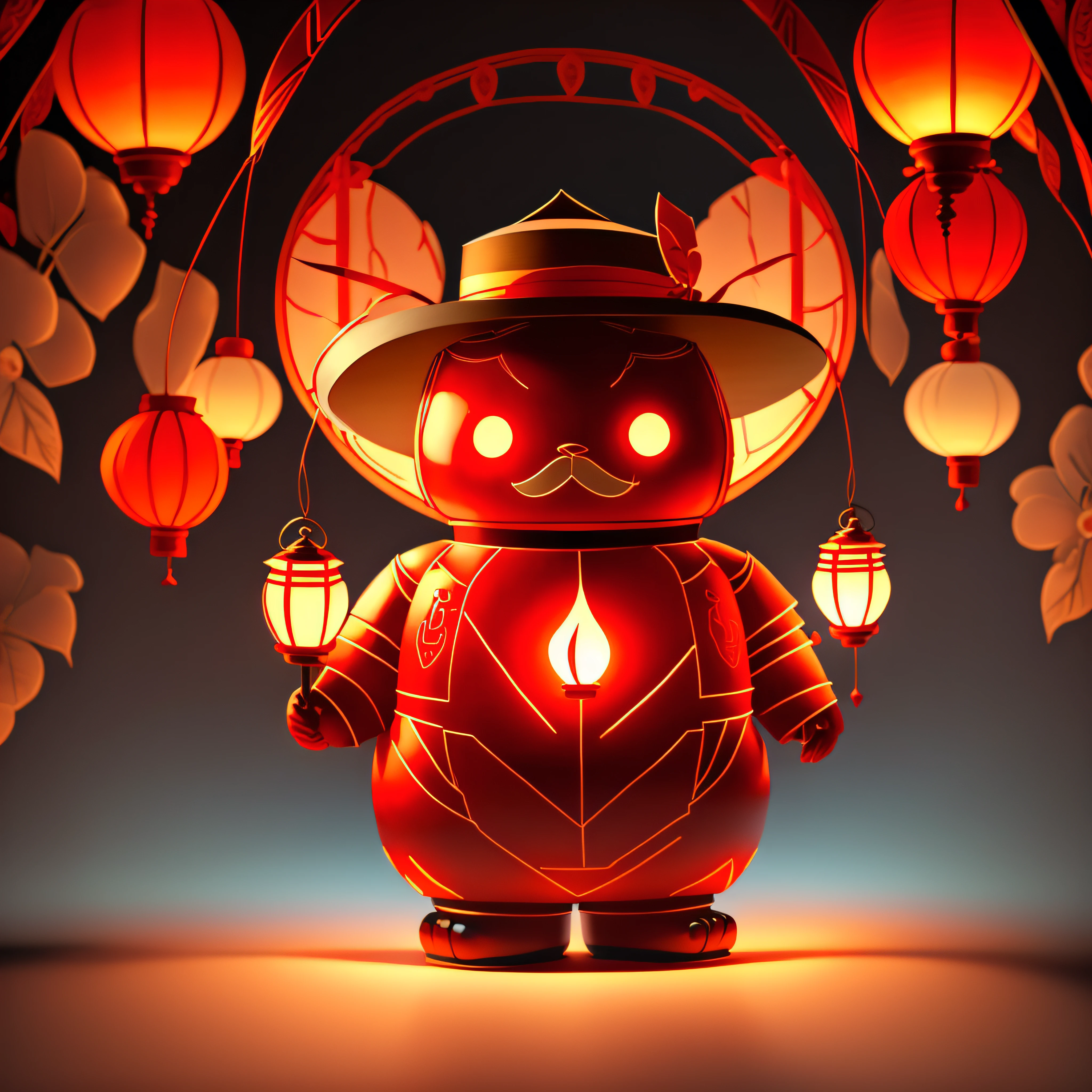 A close up of a red robot with a hat and a lantern - SeaArt AI
