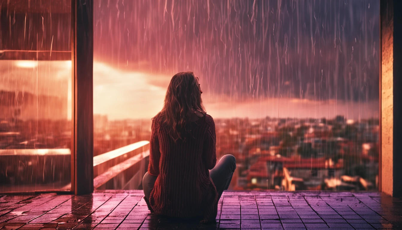 A woman sitting on a balcony in the rain looking out at a city - SeaArt AI