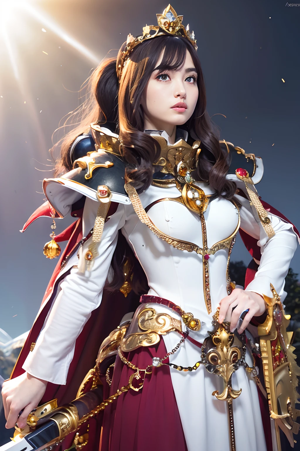 A woman in a white dress and red cape holding a sword - SeaArt AI