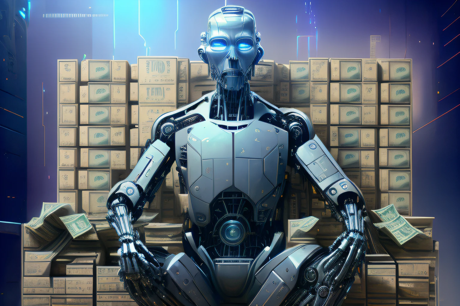 There is a robot sitting on a pile of money - SeaArt AI
