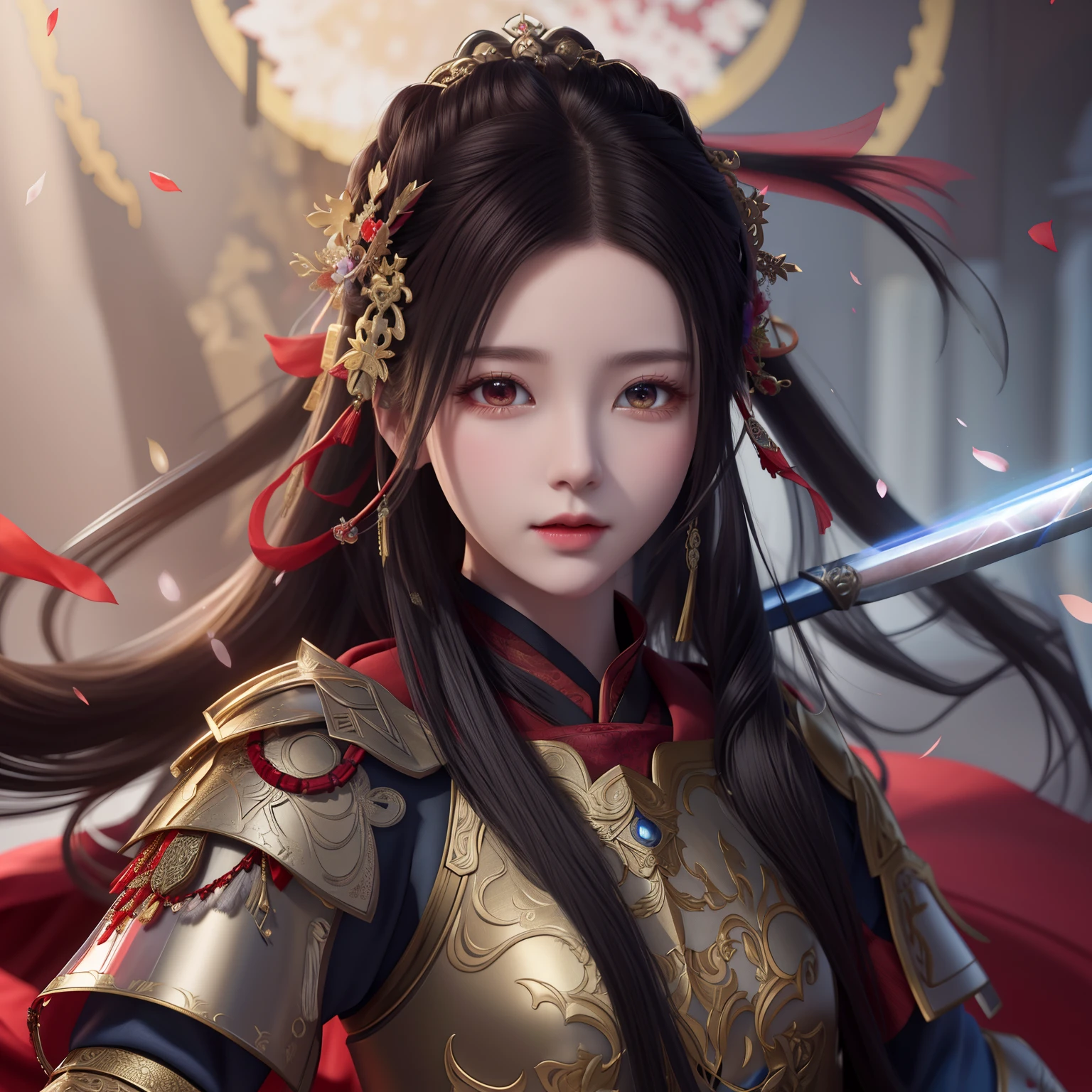 A woman in a gold and red outfit holding a sword - SeaArt AI