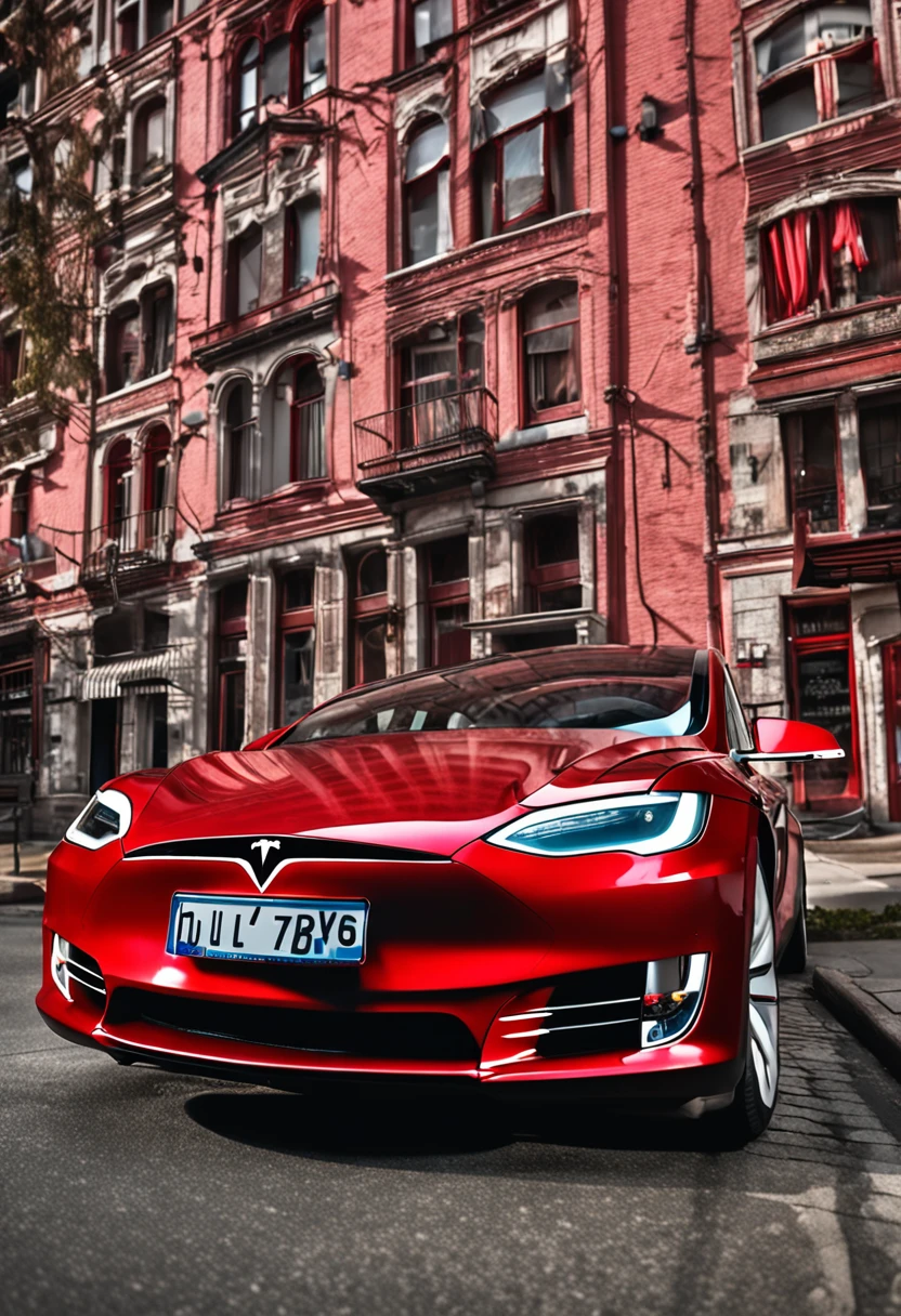 A close up of a red tesla model s parked in front of a building - SeaArt AI