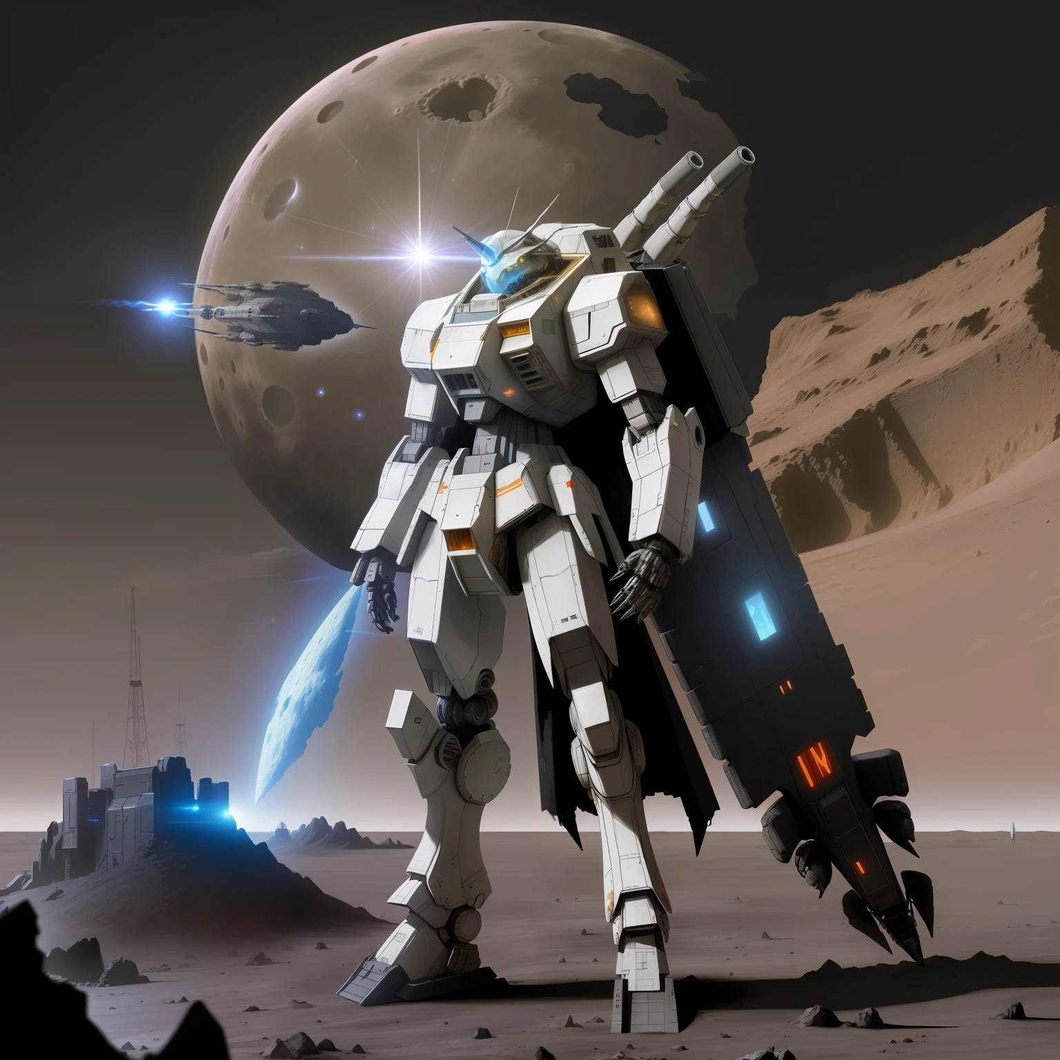 A close up of a robot standing on a desert with a moon in the ...