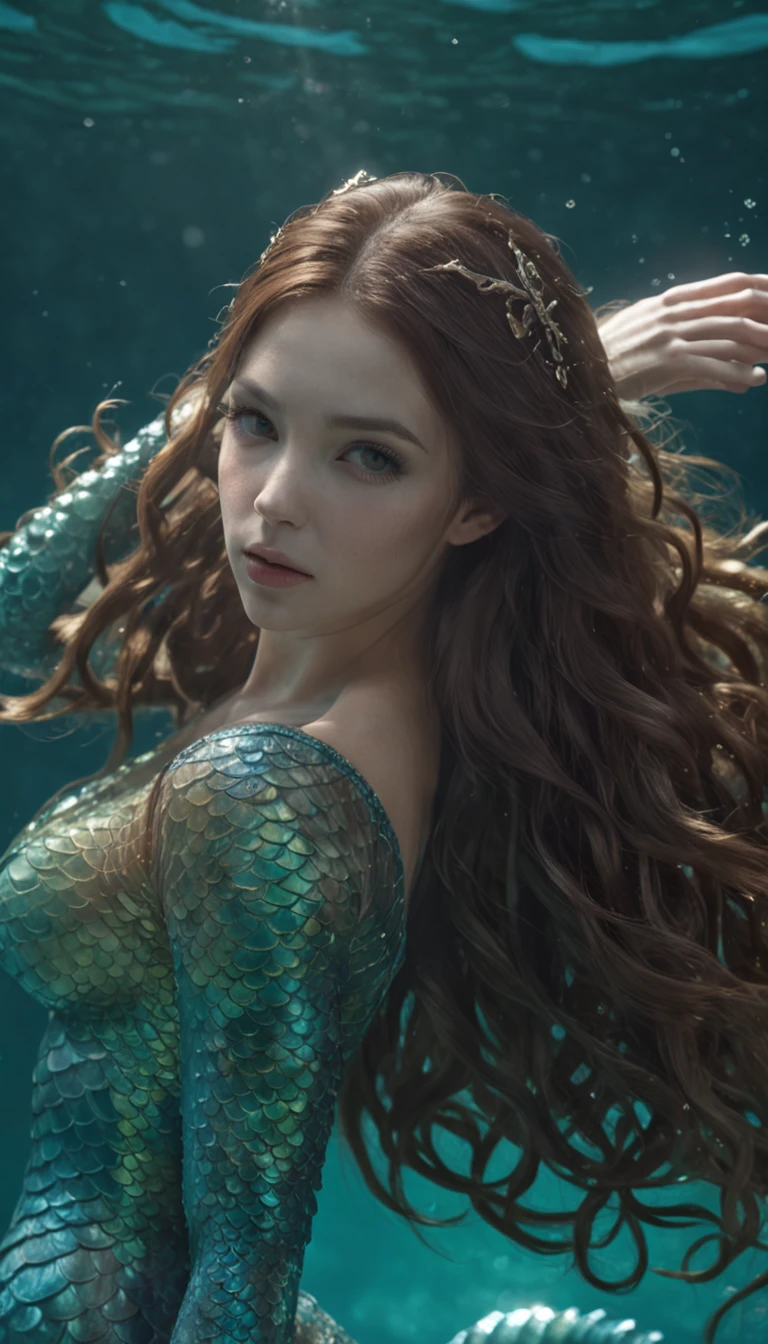 A woman in a mermaid costume is swimming under water - SeaArt AI