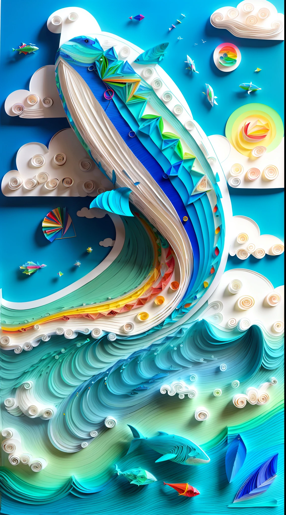 A close up of a paper cut of a boat in the ocean - SeaArt AI