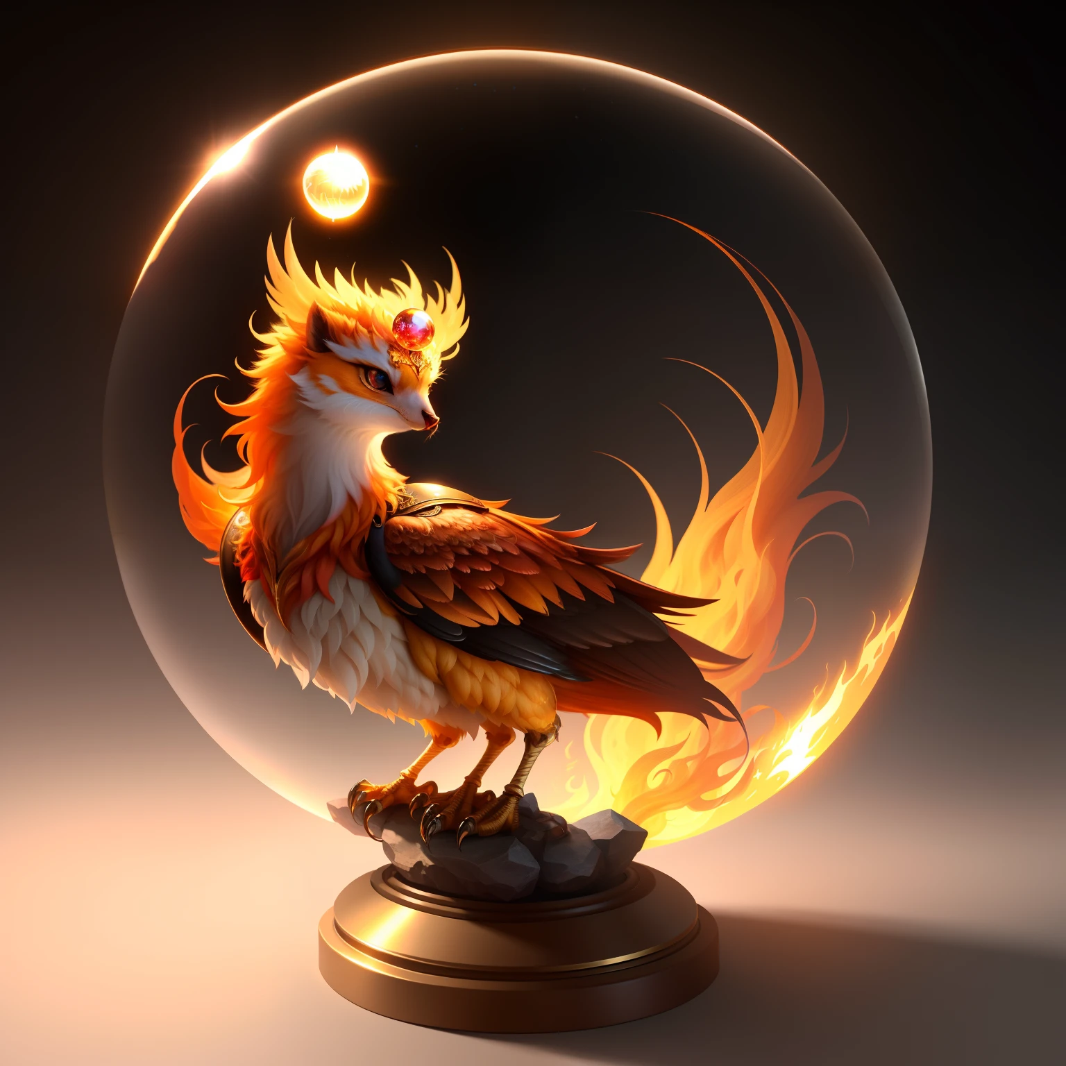 A bird sitting on top of a glass ball with a fire inside - SeaArt AI