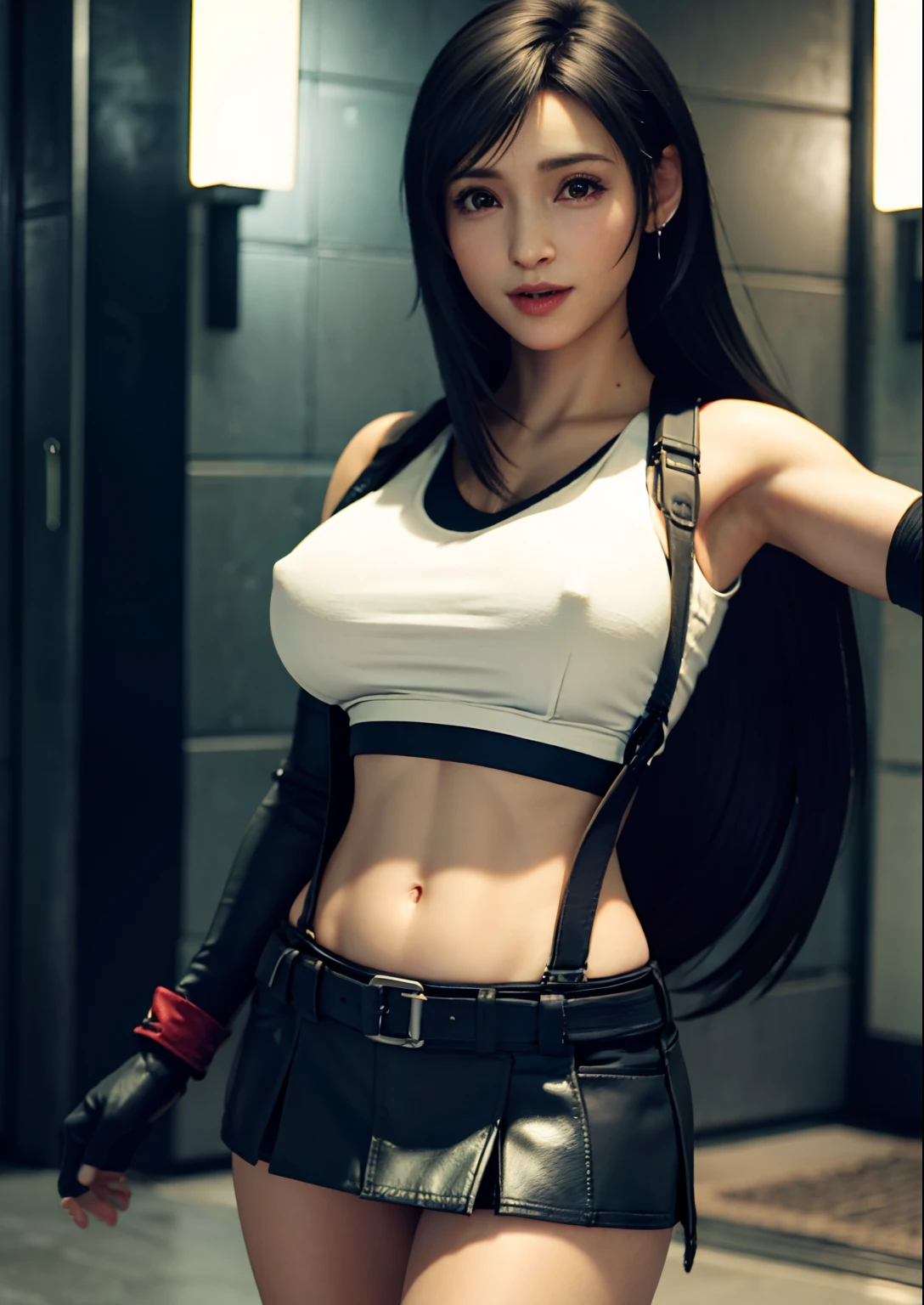 Araffe asian woman in a white top and black leather skirt - SeaArt AI