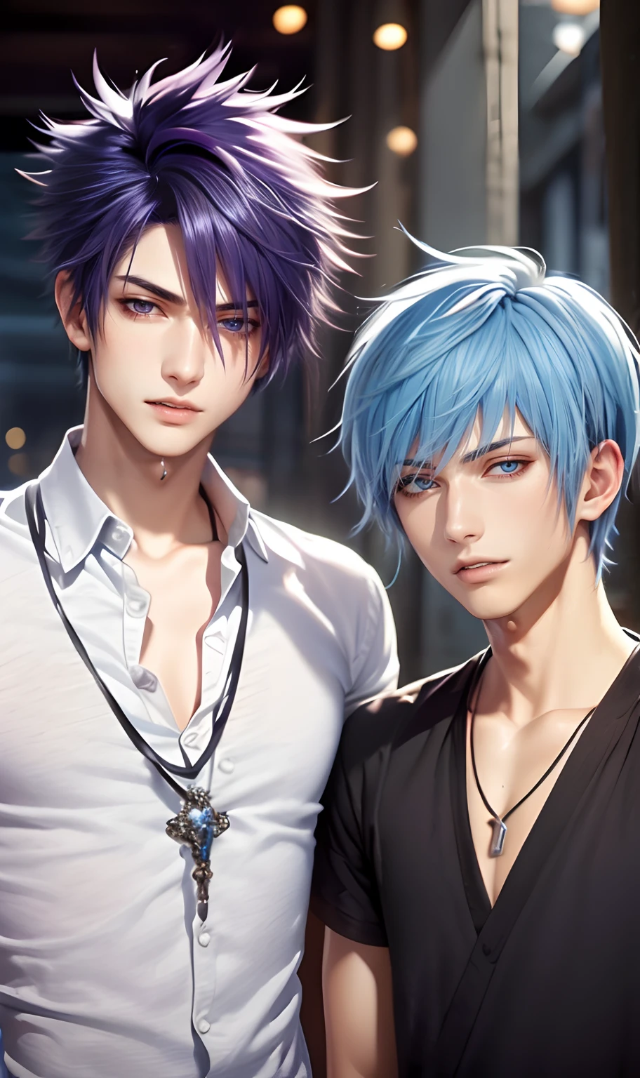 Two anime guys with blue hair and black shirts posing for a picture ...
