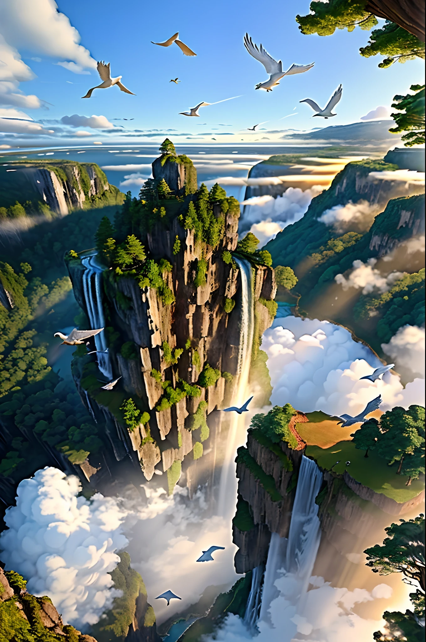 Painting of a waterfall with birds flying over it and a waterfall in ...