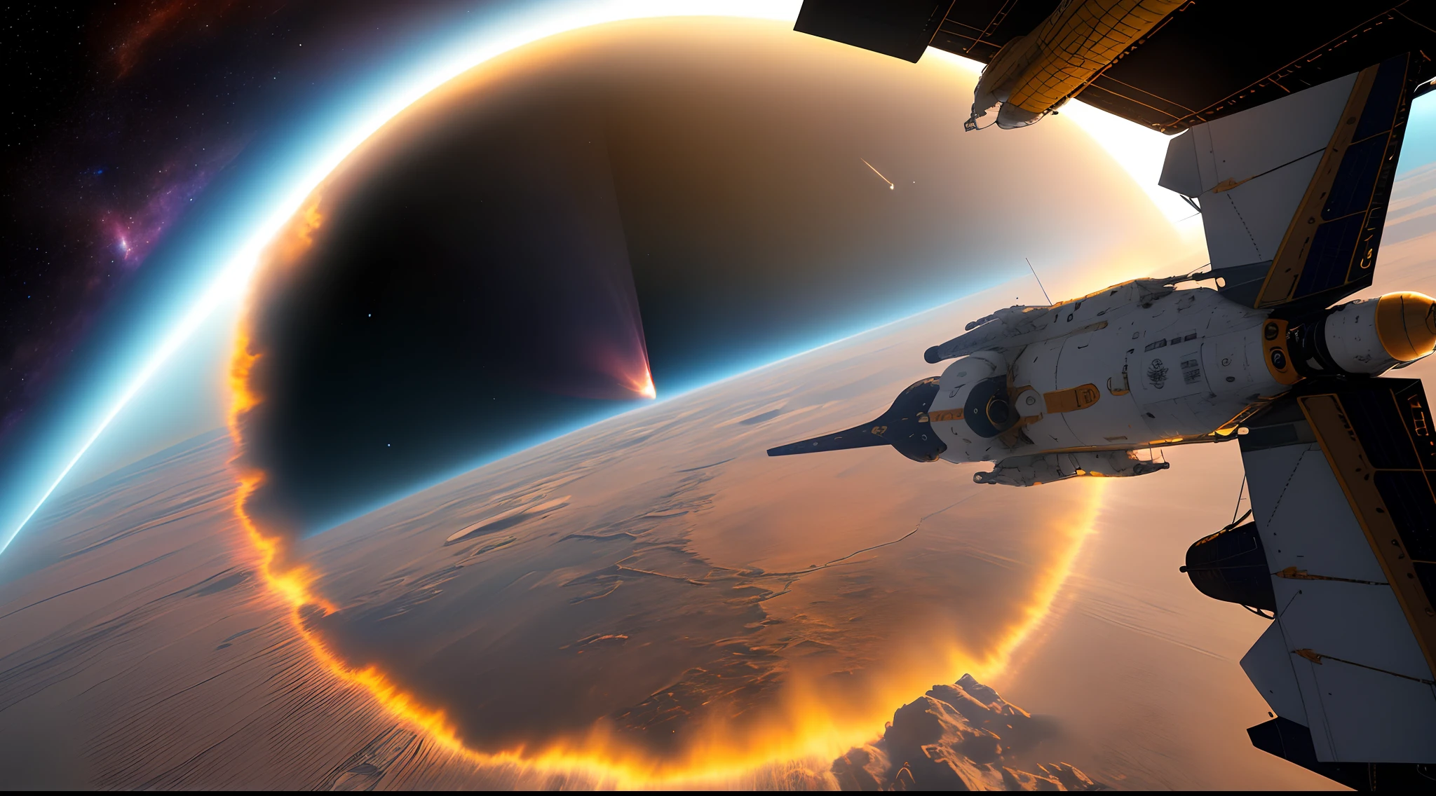 A view of a space station with a large ring of fire in the sky - SeaArt AI