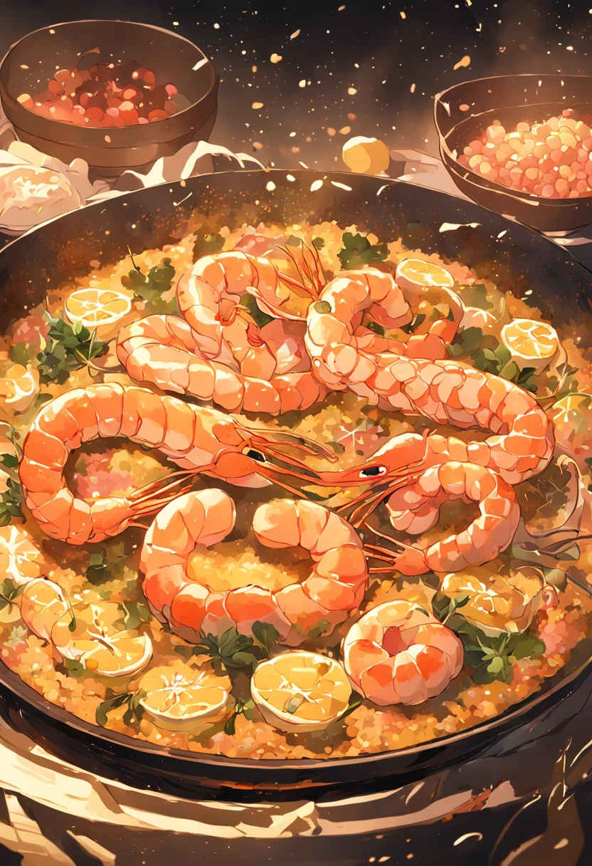 There is a large pan of food with shrimp and rice - SeaArt AI