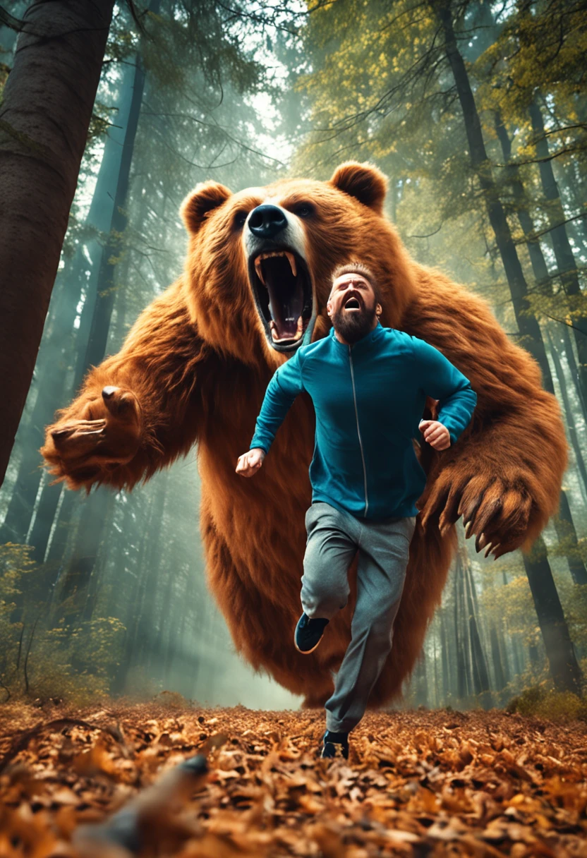 A man running in the woods with a large bear - SeaArt AI