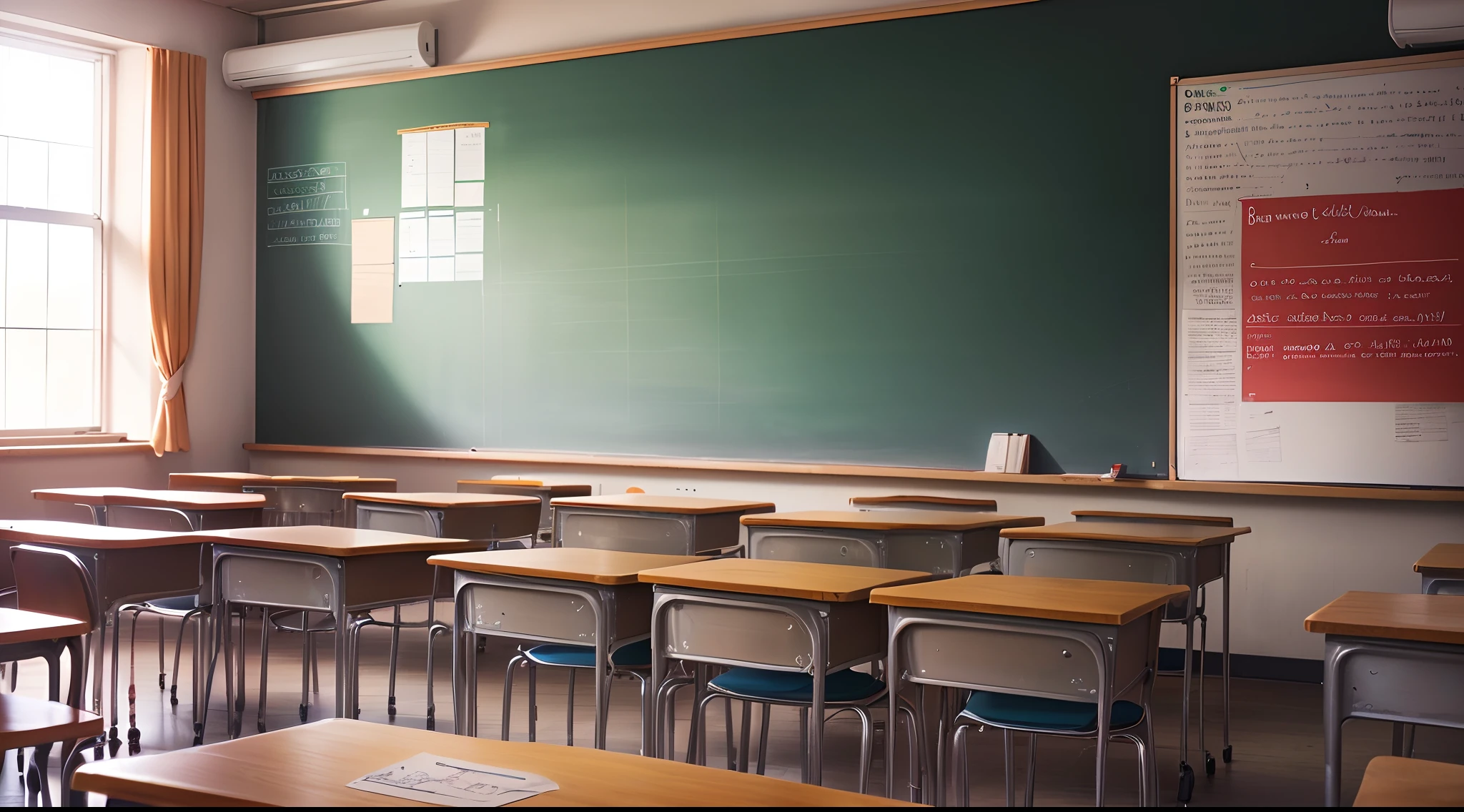 There are many desks in a classroom with a chalk board - SeaArt AI
