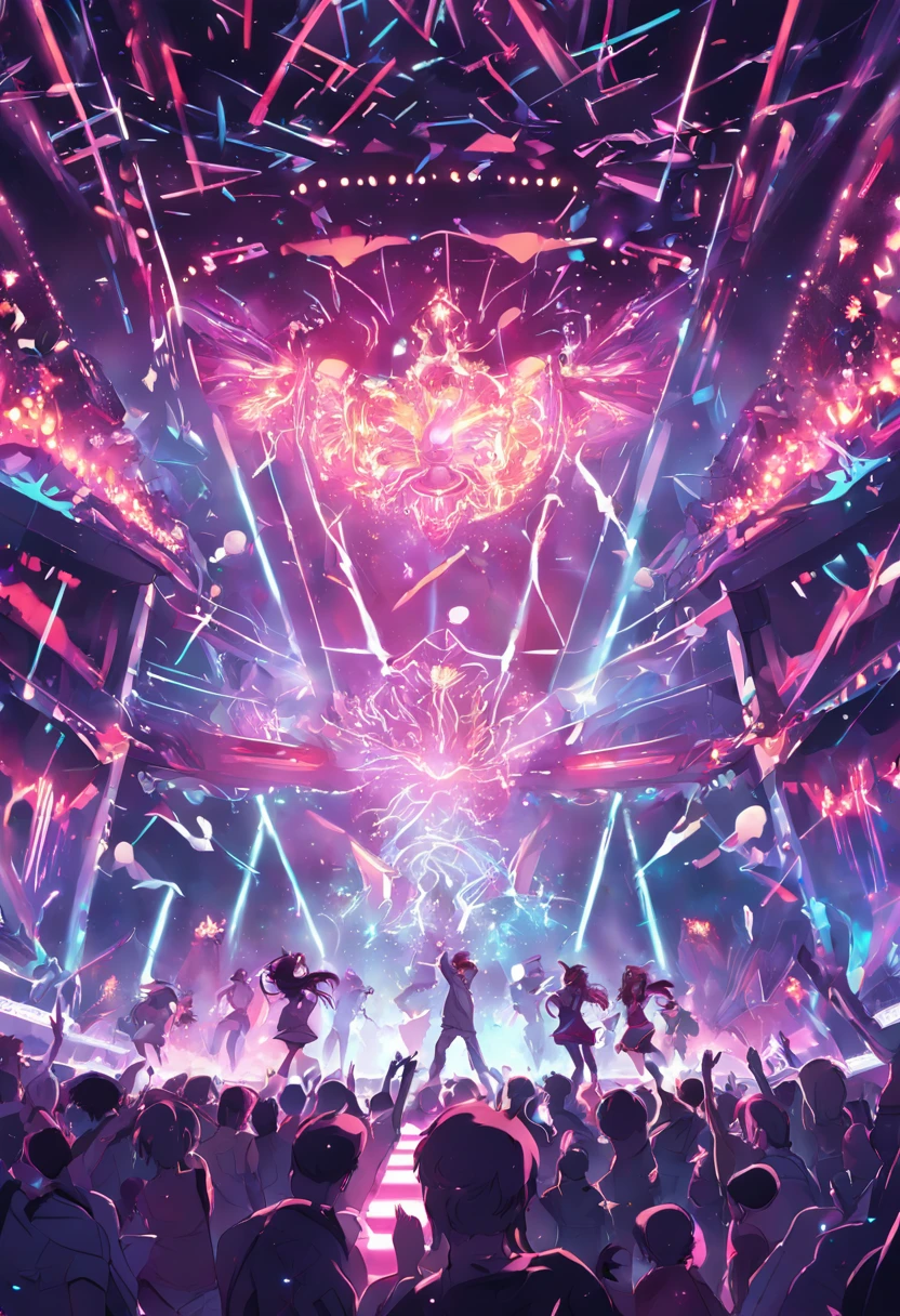 A group of people standing on a stage with lights and confetti - SeaArt AI