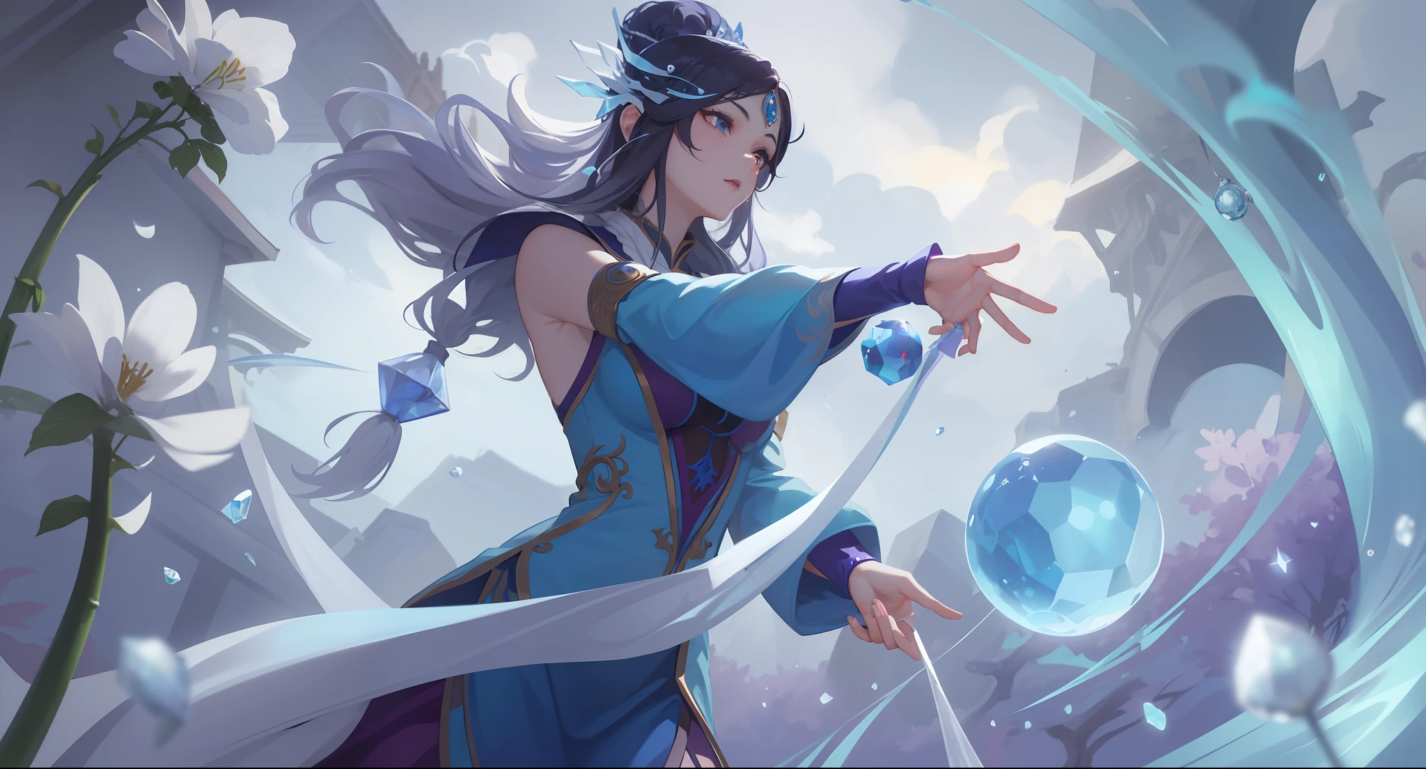 A woman in a blue dress holding a crystal ball - SeaArt AI