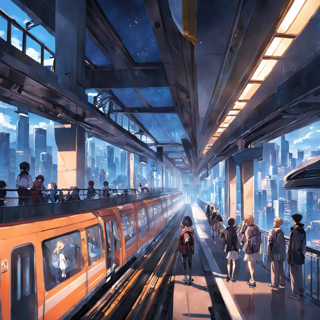 Anime scene of a train station with people walking on the platform ...