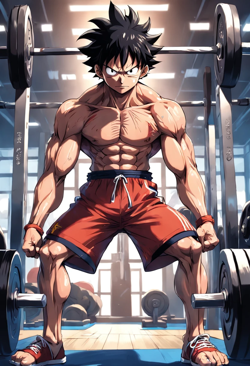 A man with a muscular body is standing in front of a barbell - SeaArt AI