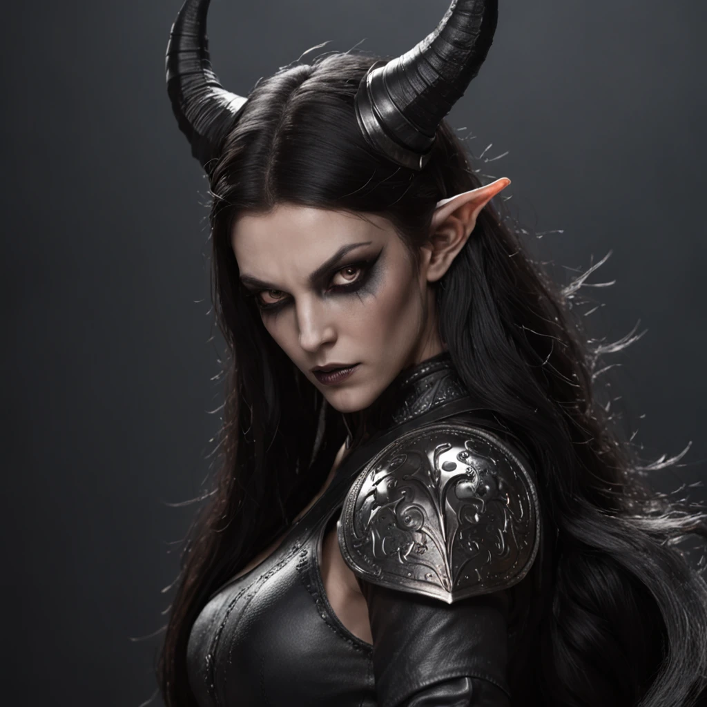 A woman in a black leather outfit with horns and horns on her head ...