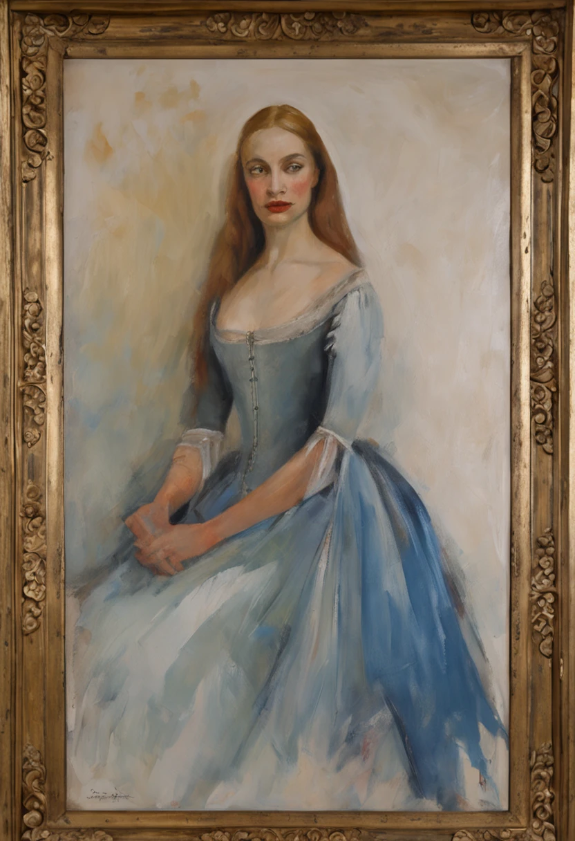 A painting of a woman in a blue dress sitting down - SeaArt AI