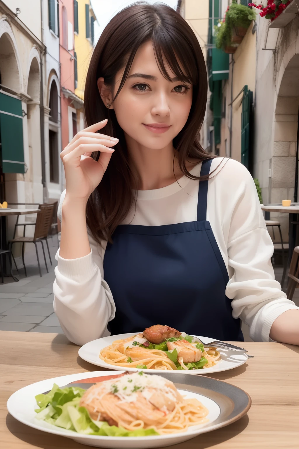 Woman sitting at a table with a plate of food and a fork - SeaArt AI