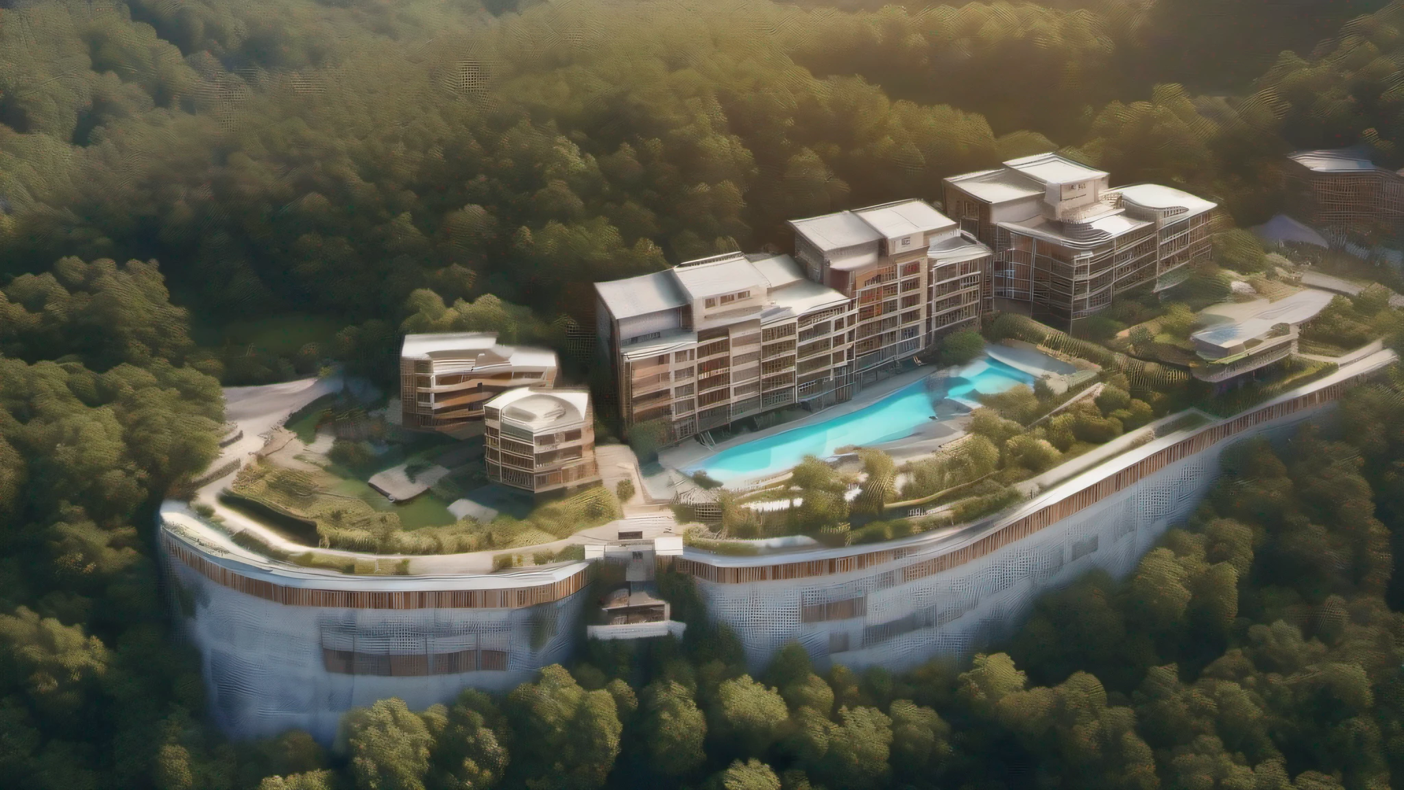 Aerial view of a resort with a swimming pool and a forest - SeaArt AI