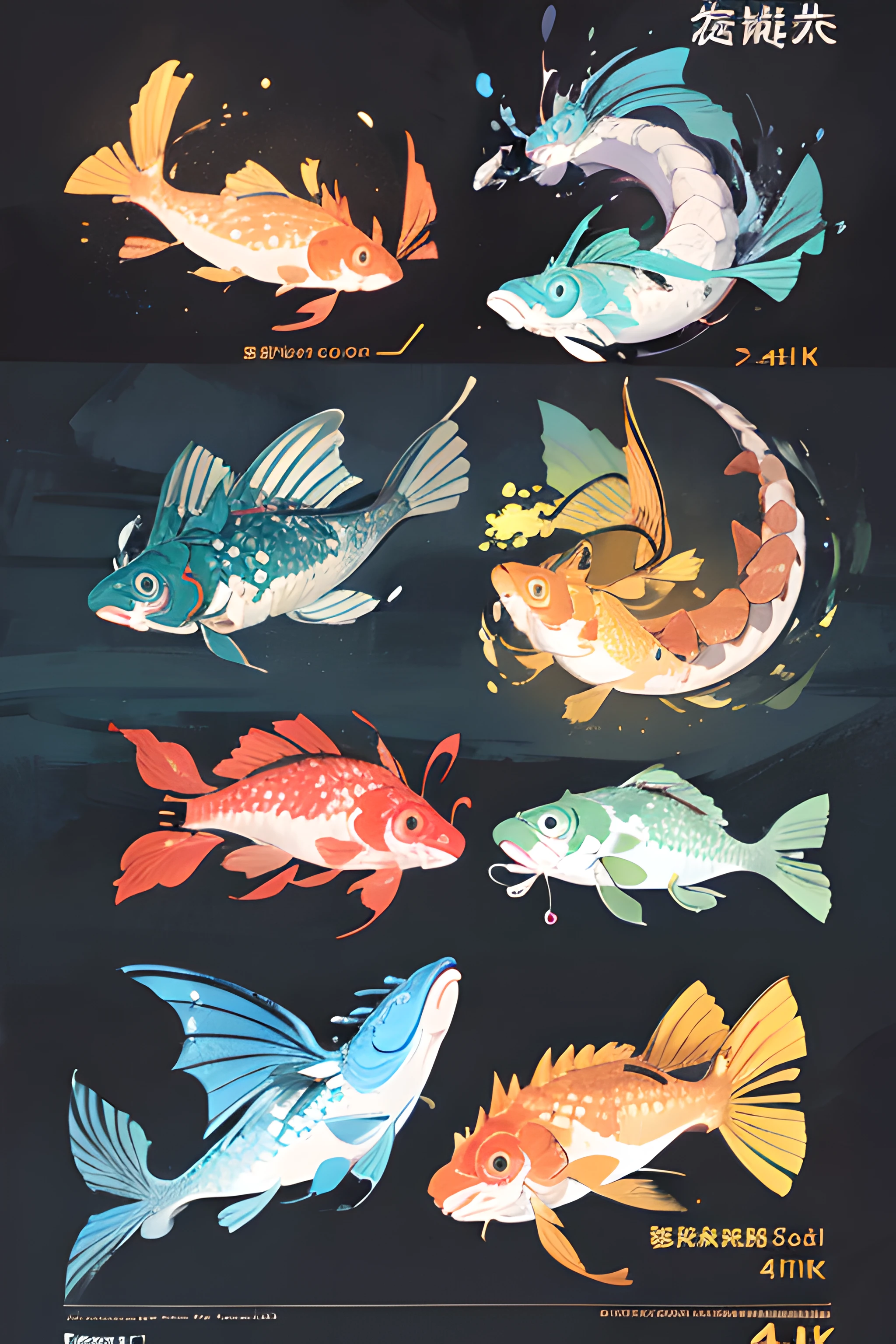A poster with a variety of fish in different colors - SeaArt AI