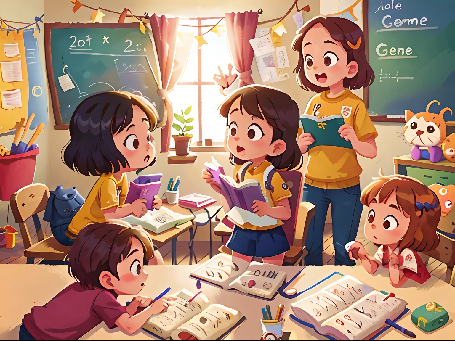 Cartoon illustration of a group of children in a classroom reading ...