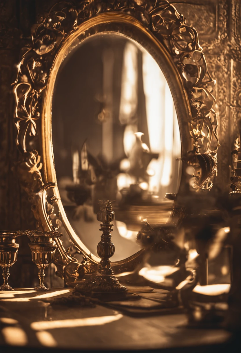 A close up of a mirror on a table with candles - SeaArt AI