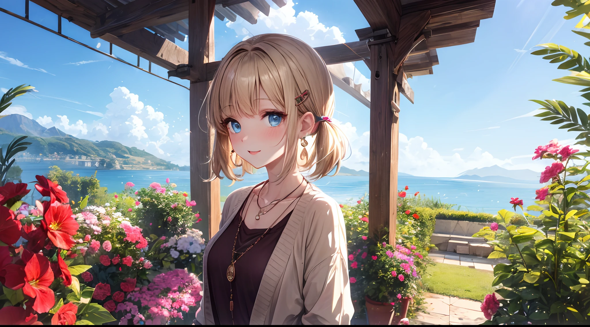 Anime girl with blue eyes standing in front of flowers - SeaArt AI