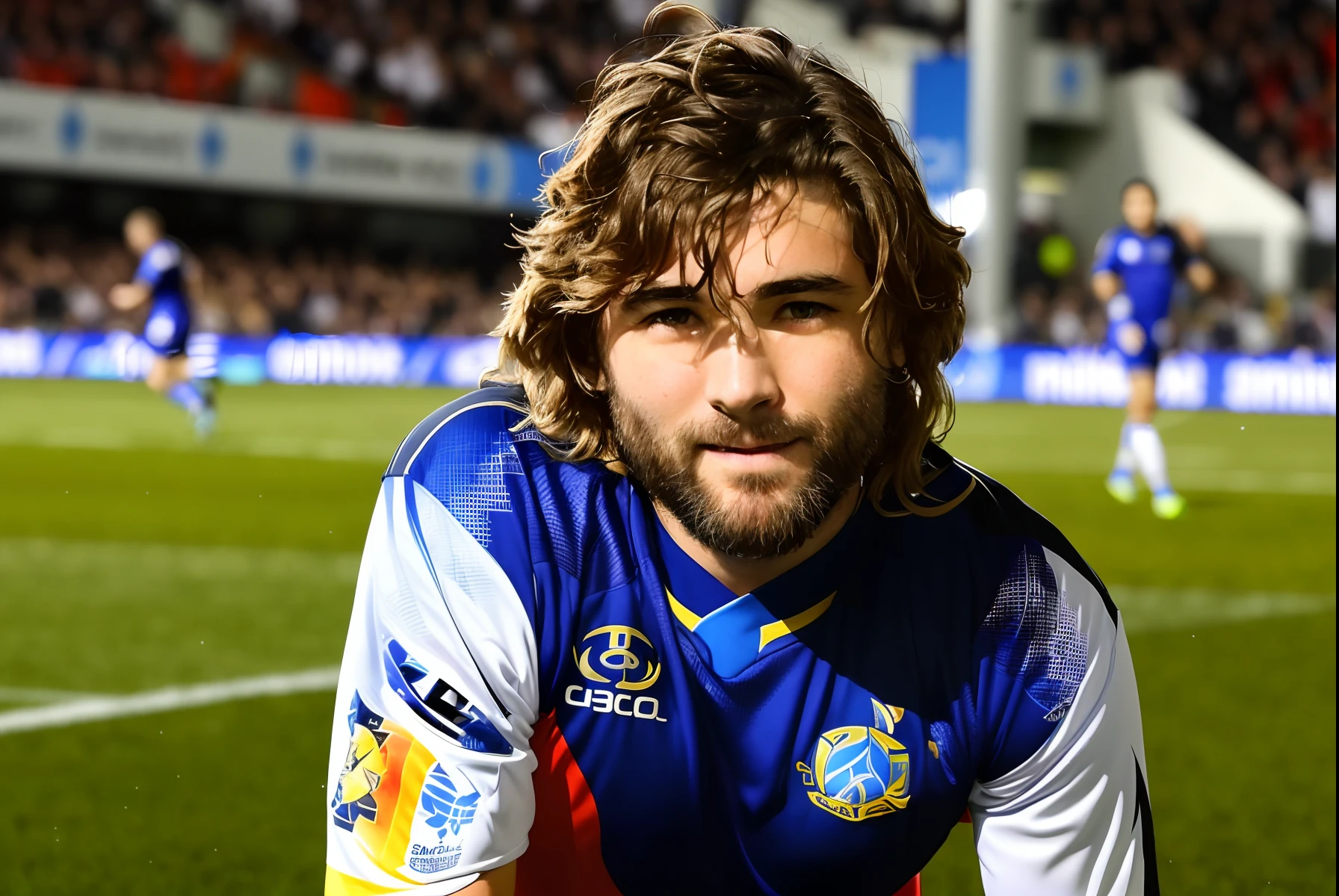 A close up of a man with long hair and a beard on a soccer field ...