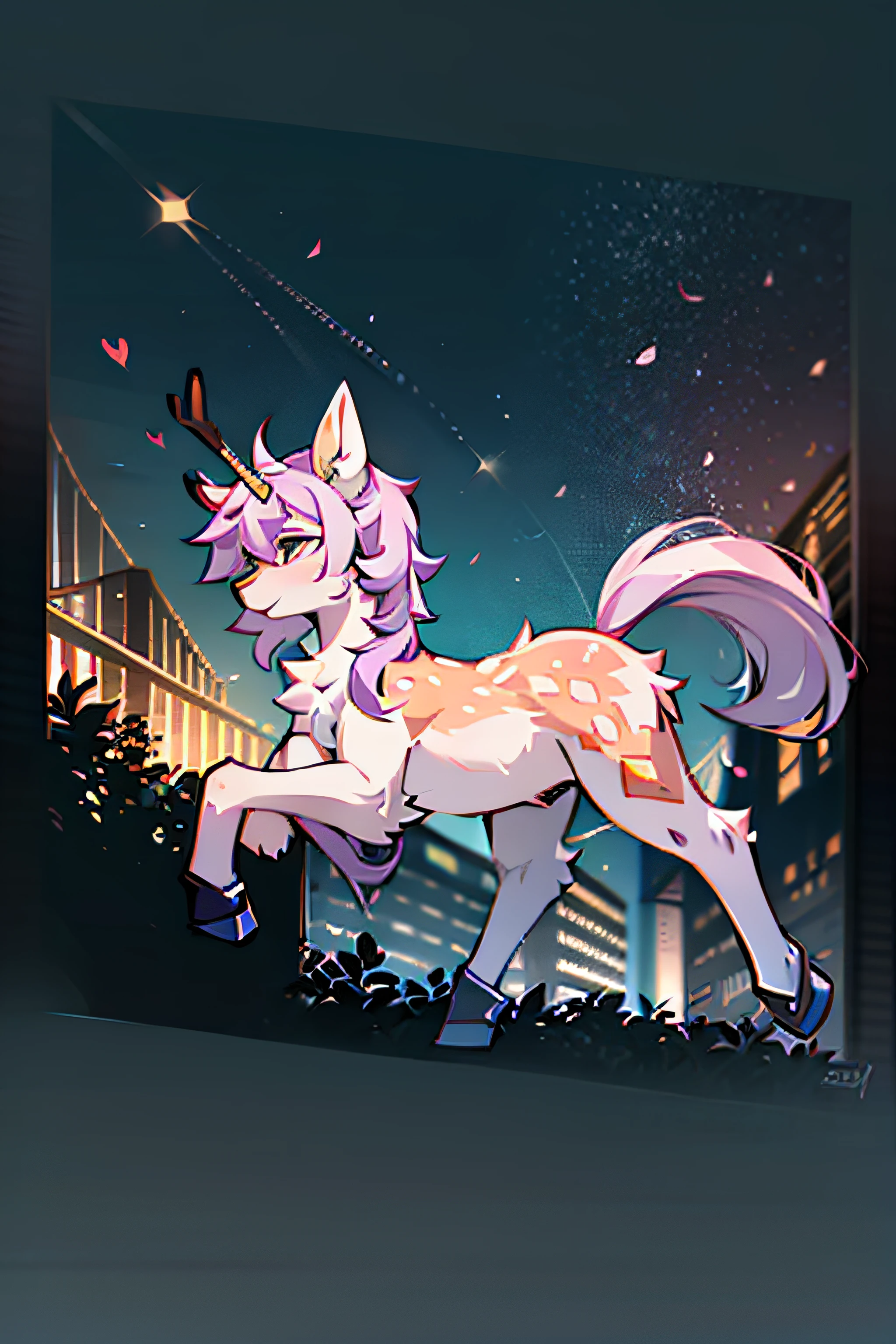 Anime - style picture of a unicorn with a sword on a city street ...