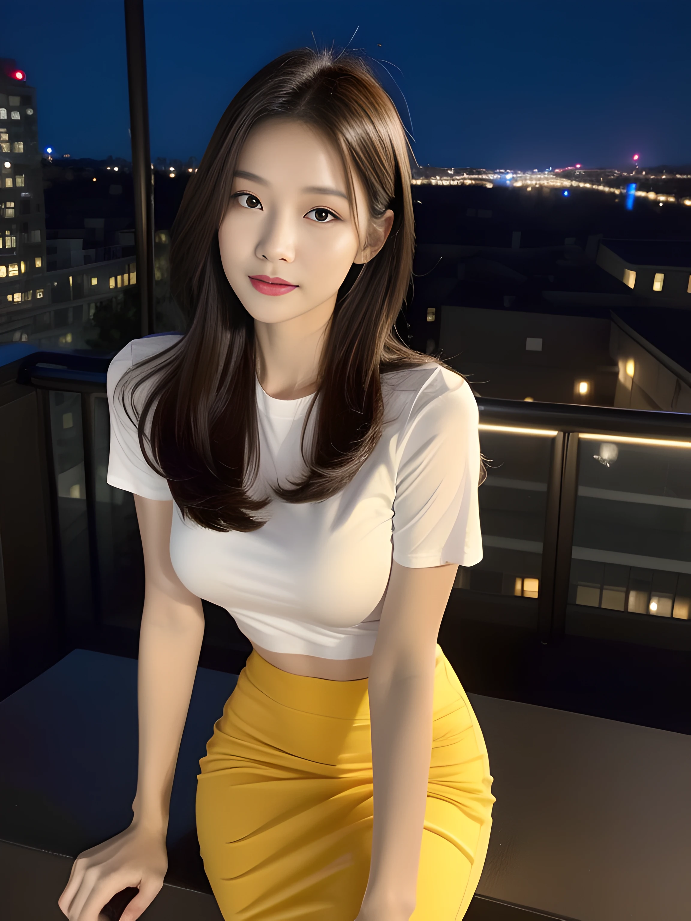 A close up of a woman in a yellow skirt posing for a picture - SeaArt AI