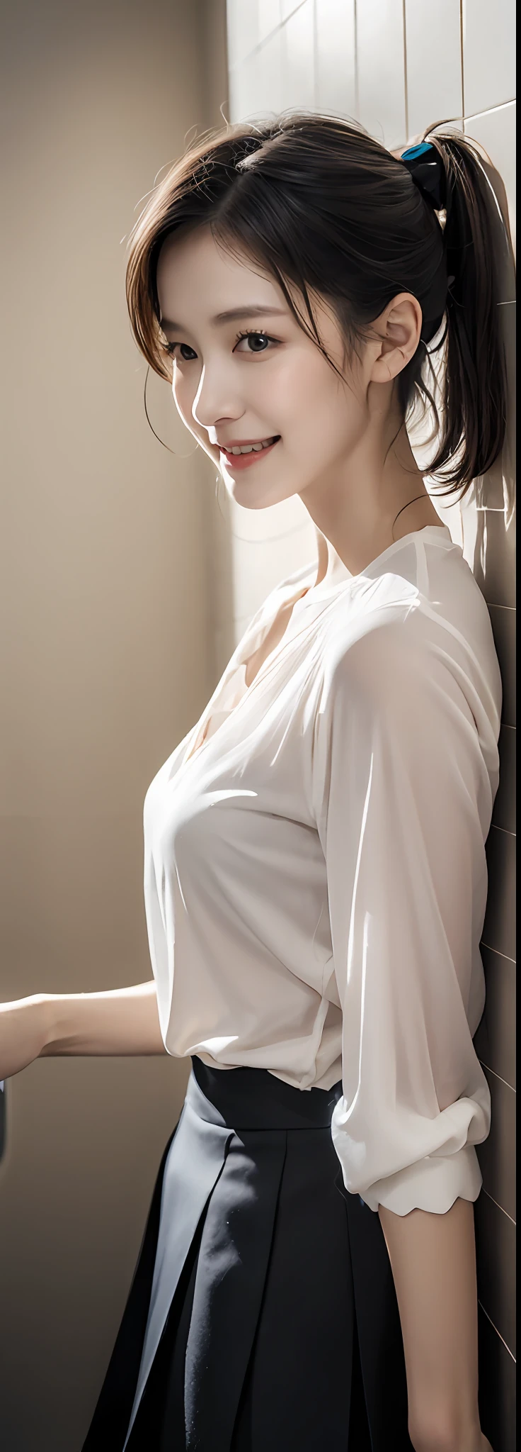 A close up of a woman leaning against a wall with a smile - SeaArt AI