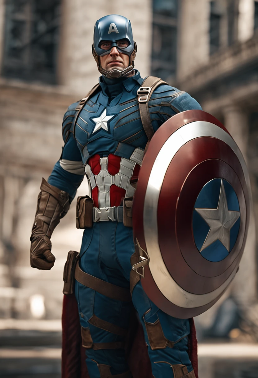 Captain america is standing in front of a building with a shield ...