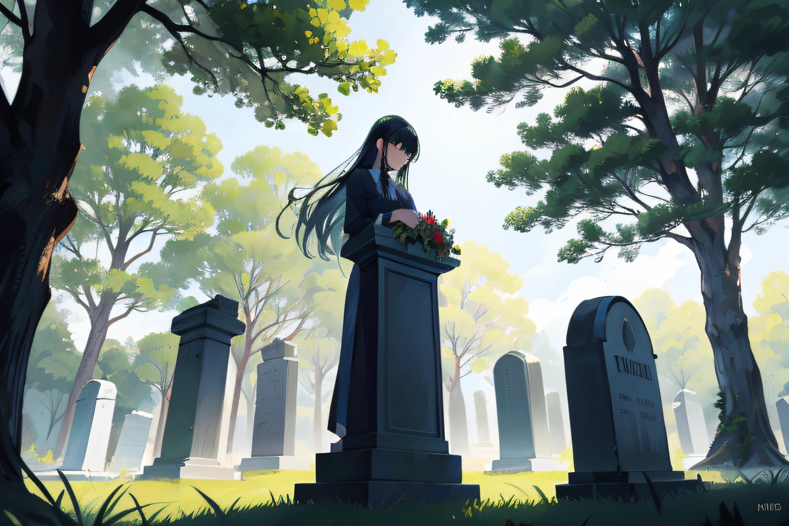 Anime girl standing in a cemetery with a bouquet of flowers - SeaArt AI