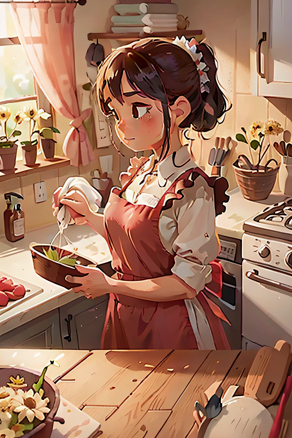 Anime girl in kitchen preparing food with utensils and a bowl - SeaArt AI