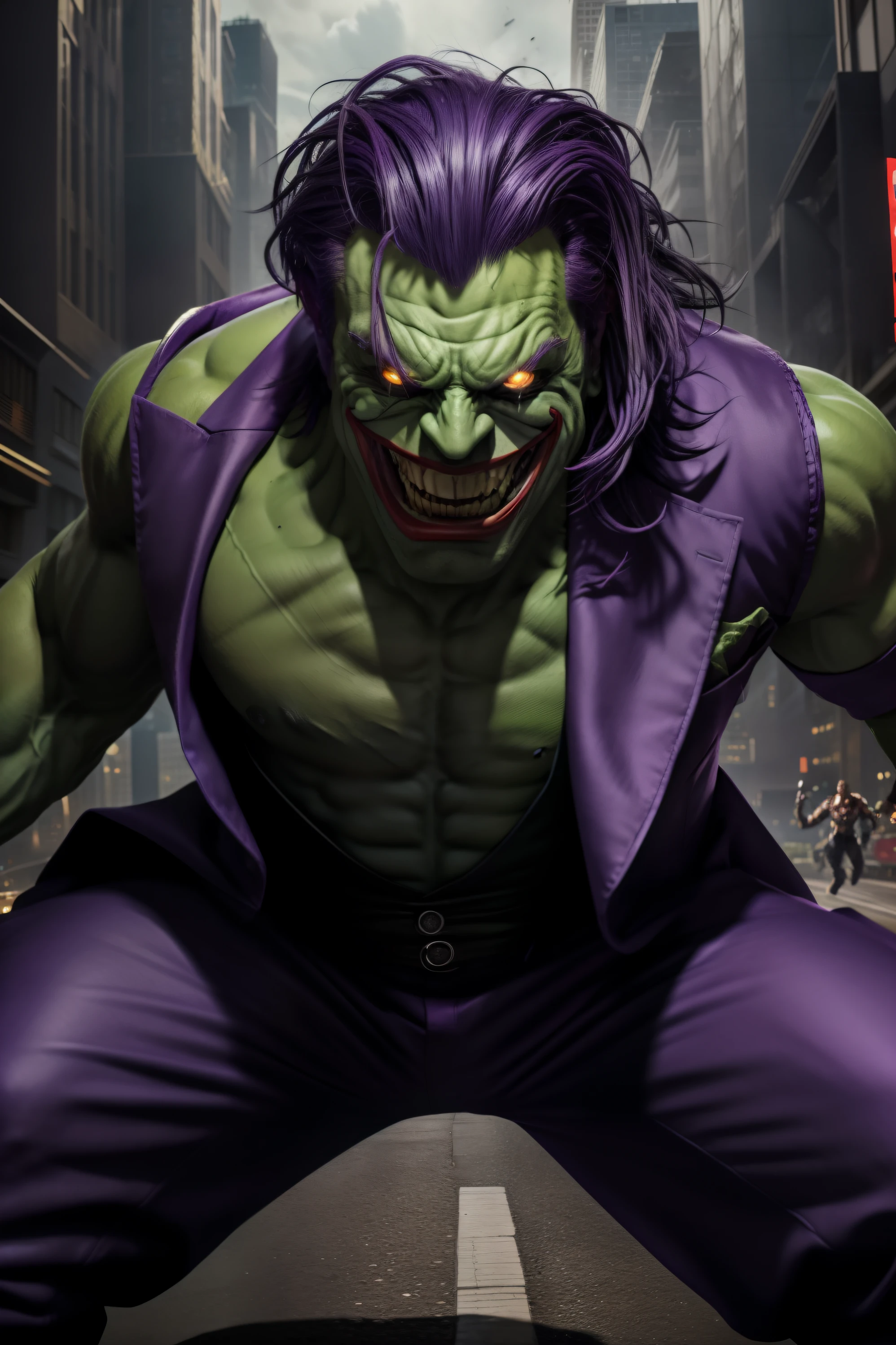 Hulk in a purple suit and purple hair is standing on a city street ...