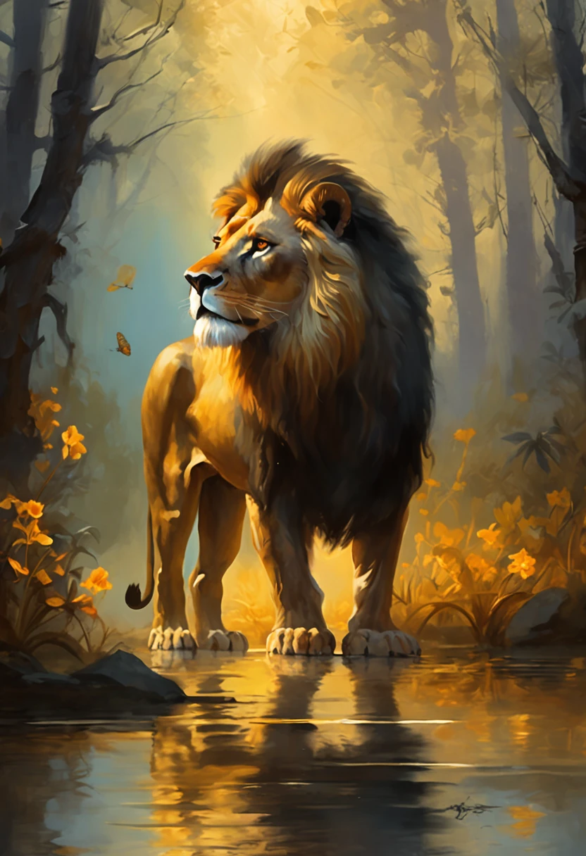 Painting of a lion standing in a forest next to a river - SeaArt AI