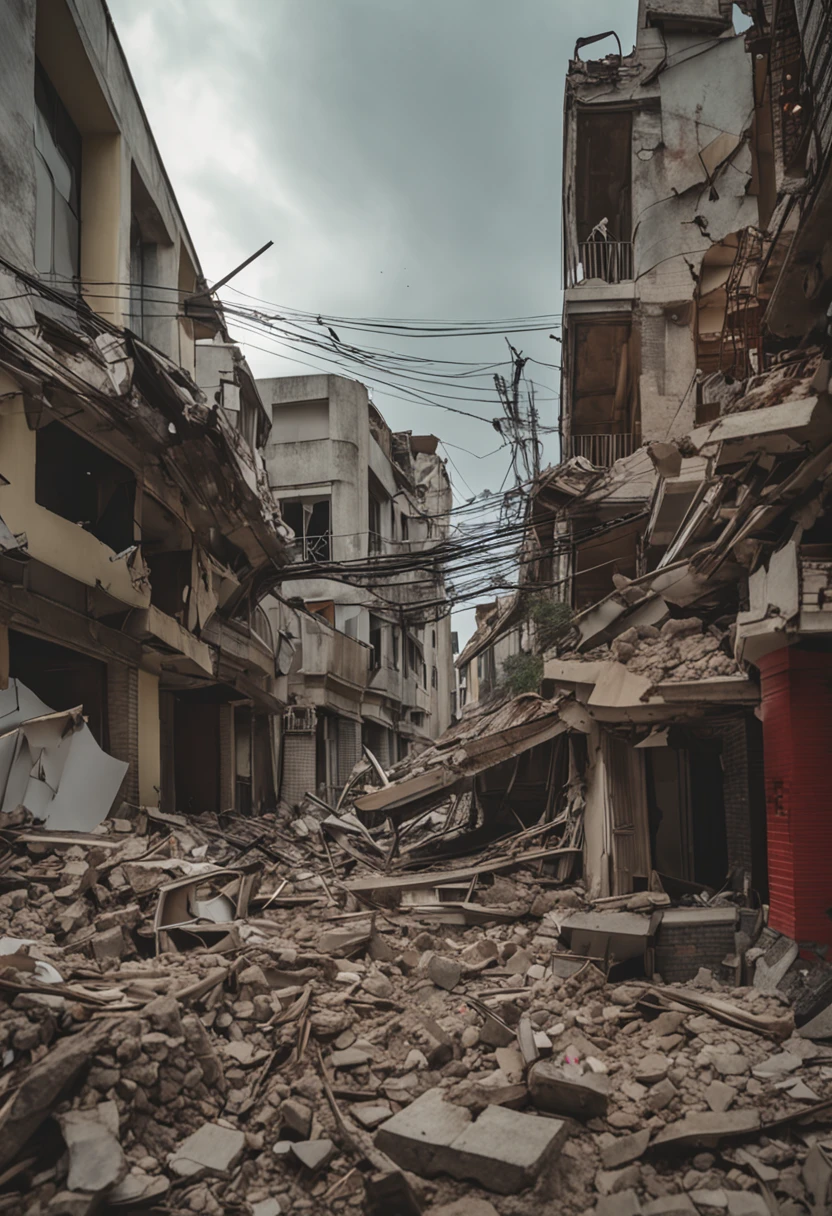 A view of a street with rubble and buildings in the background - SeaArt AI