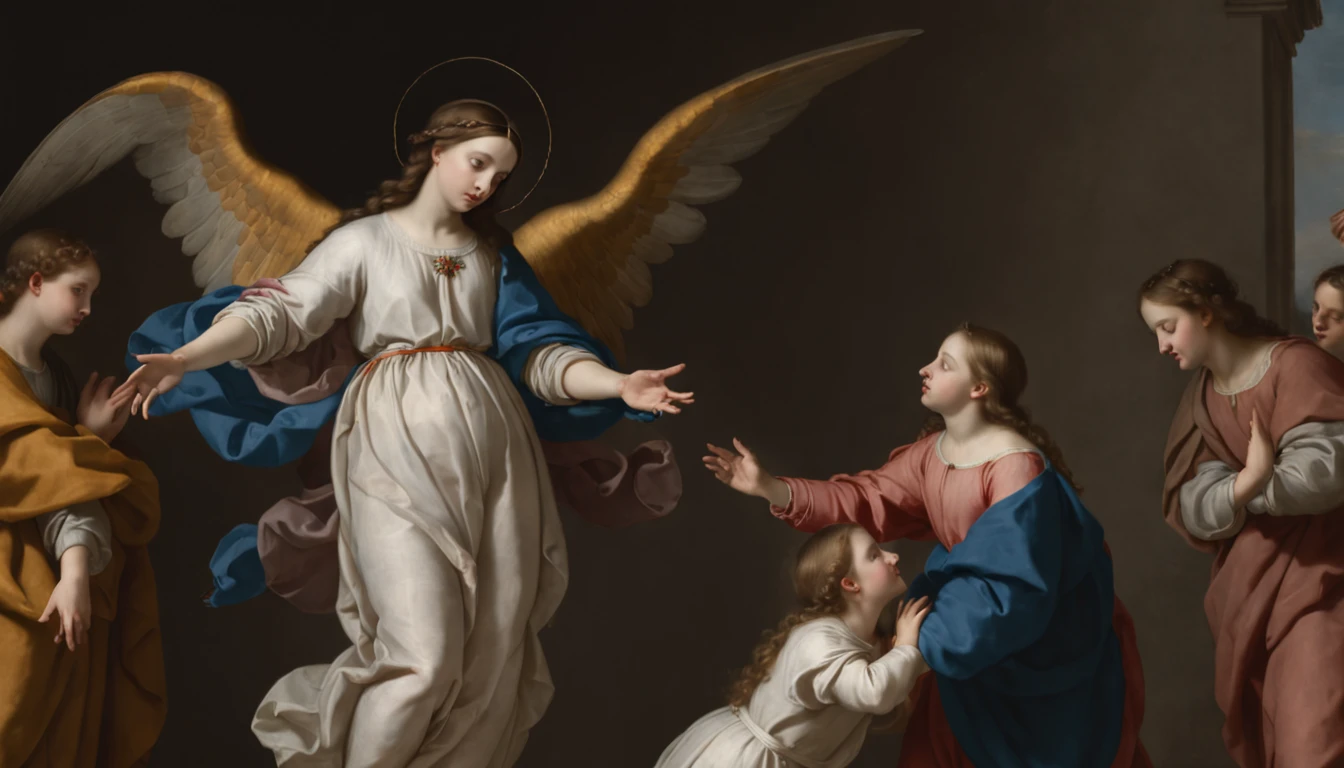 A painting of a woman with an angel and other people - SeaArt AI