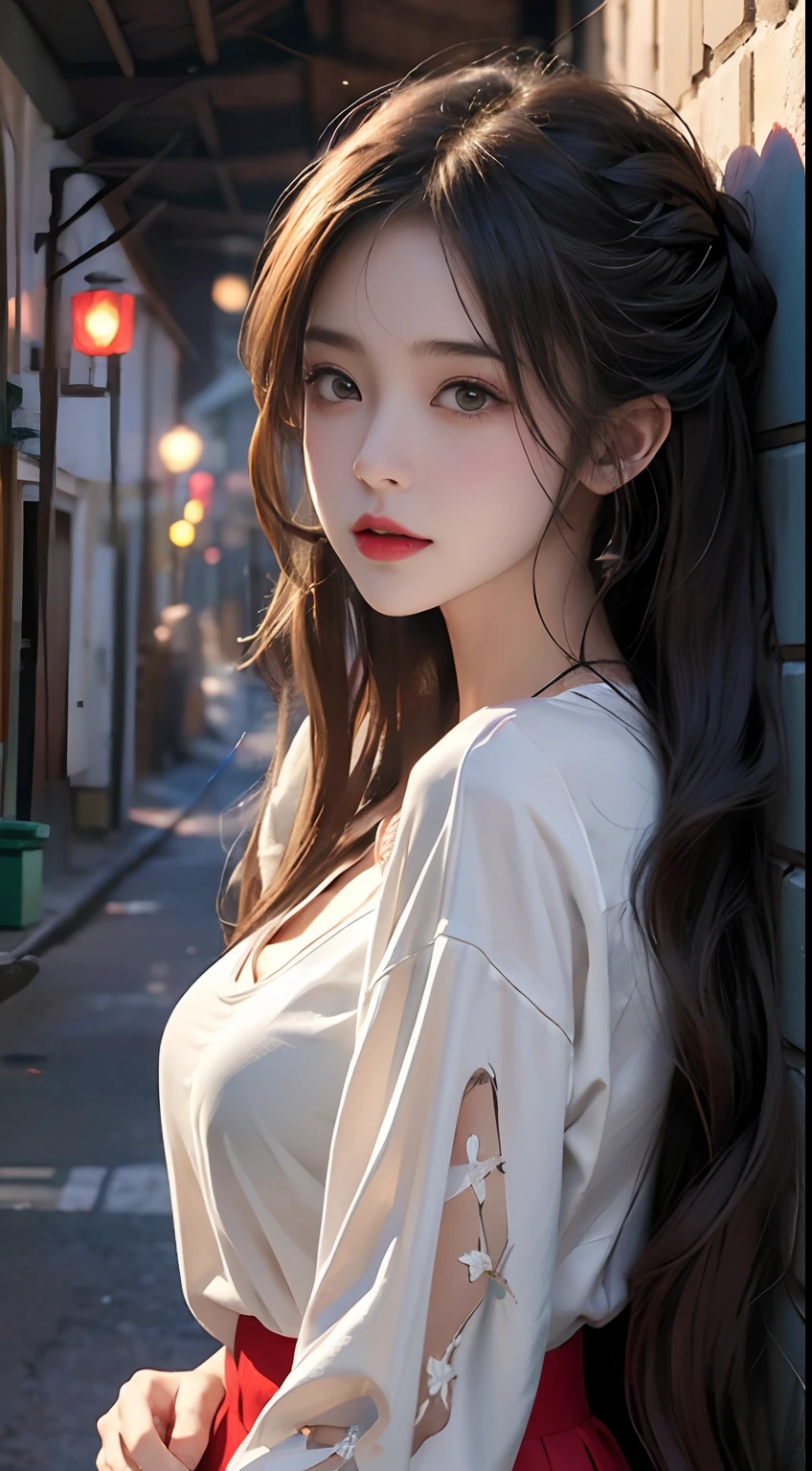 A close up of a woman with long hair standing in a street - SeaArt AI
