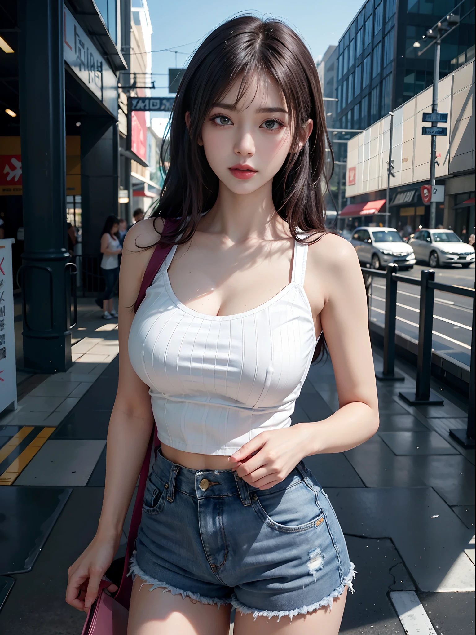 Araffe asian woman in white top and denim shorts walking down the street - SeaArt AI