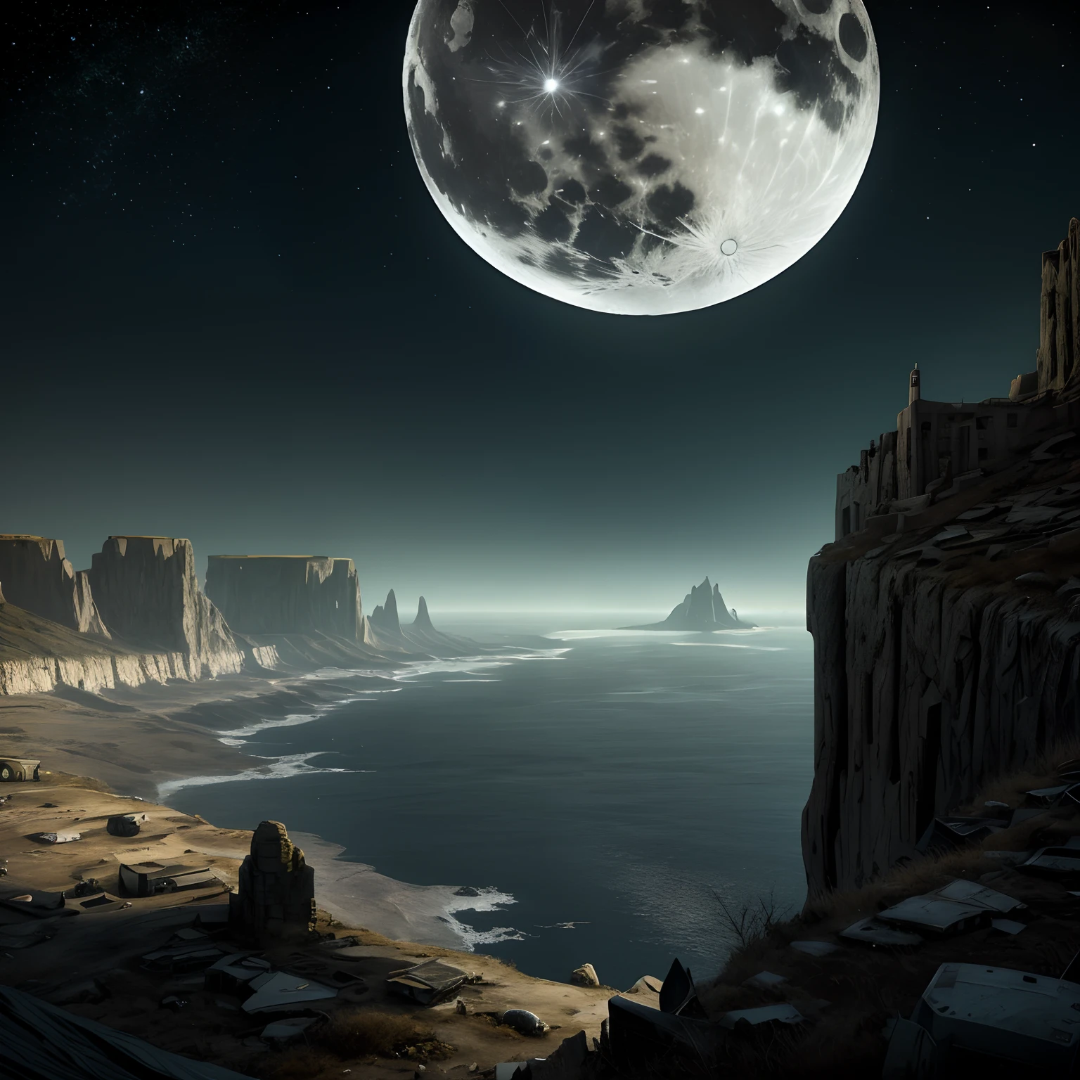 A view of a full moon over a rocky cliff with a beach - SeaArt AI