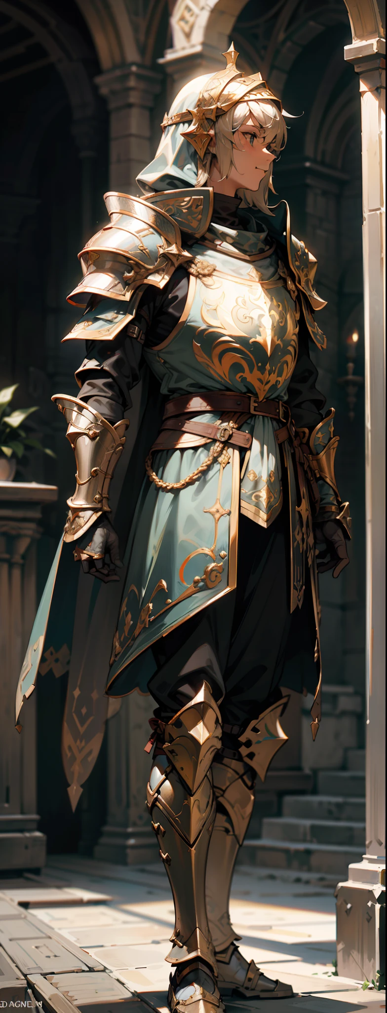 A close up of a person in armor standing on a sidewalk - SeaArt AI