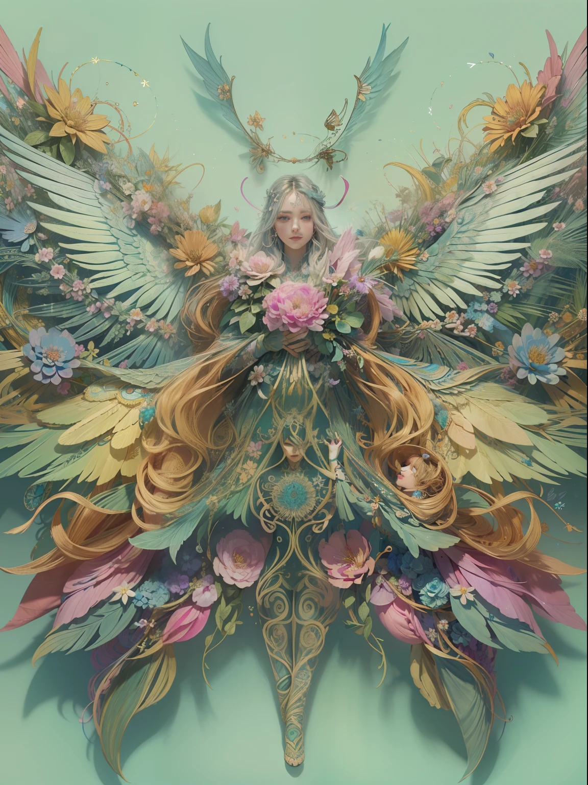 A close up of a woman with wings and flowers on a wall - SeaArt AI