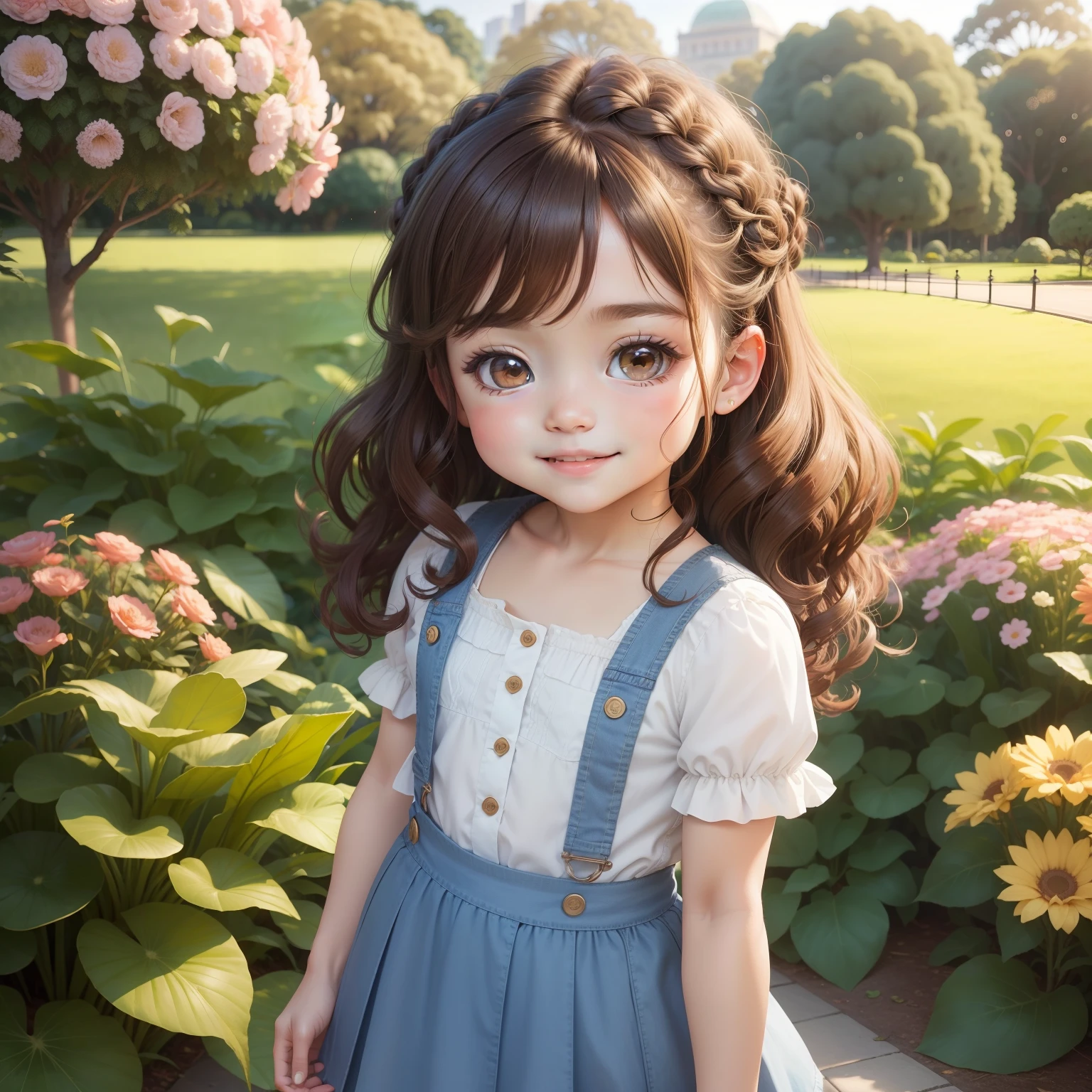 A close up of a girl in a dress standing in front of flowers - SeaArt AI