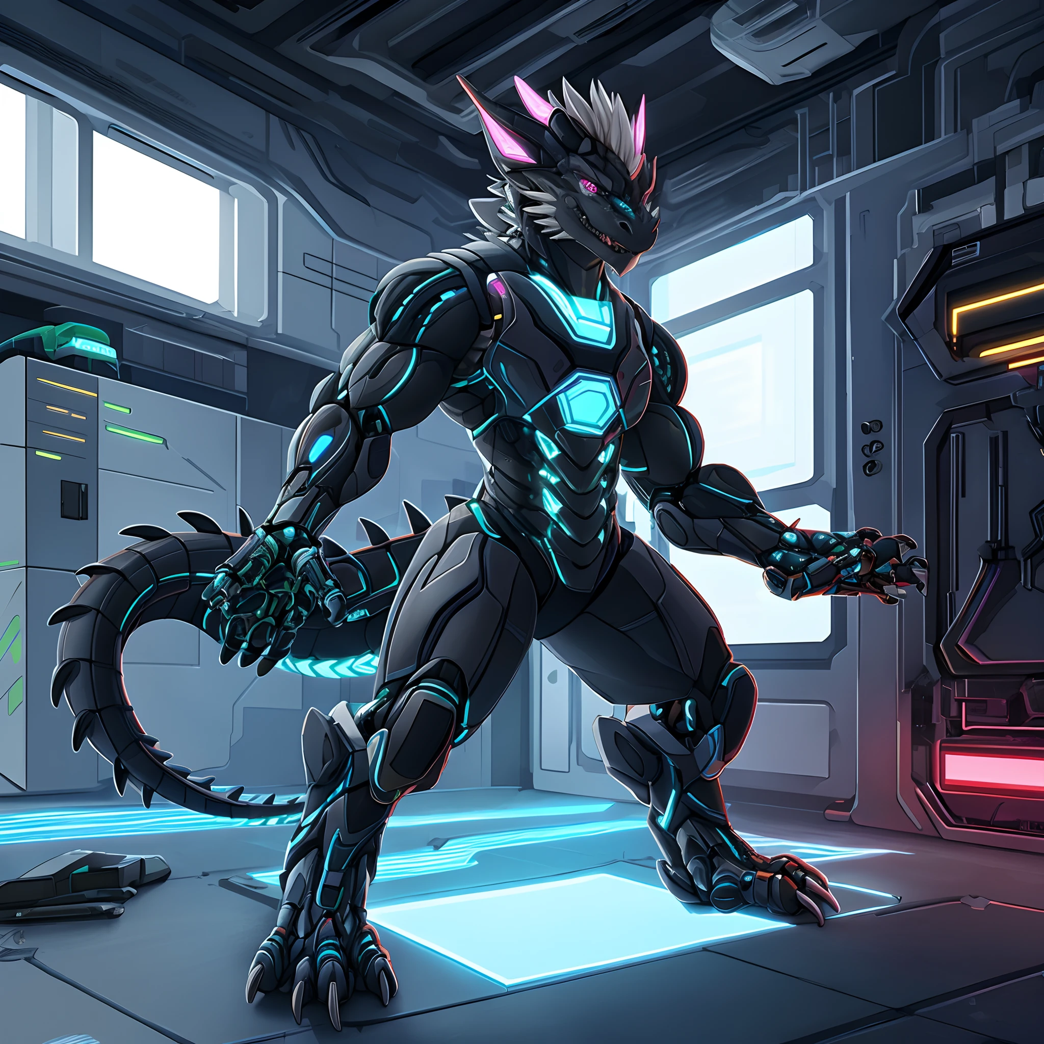 A close up of a robot in a room with a neon light - SeaArt AI